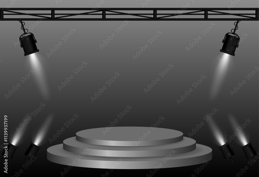 Stage spotlight. Elevated circular platform, angled black stage lights ...
