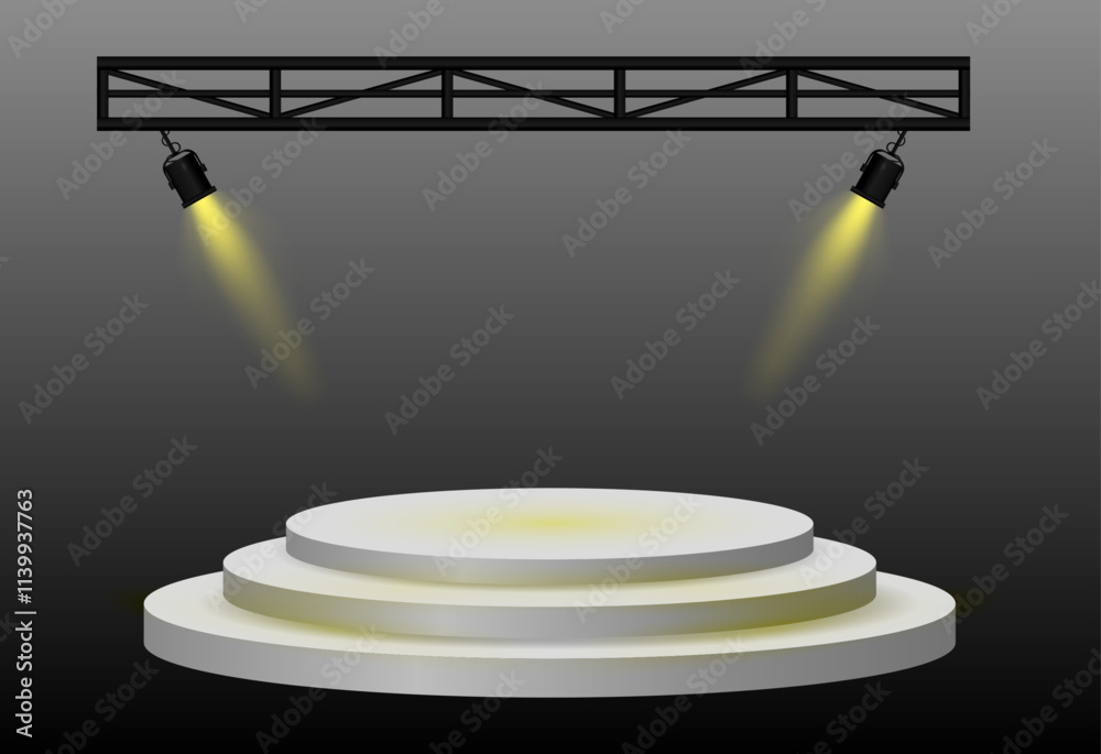 Spotlight stage. White circular platform, angled black stage lights ...