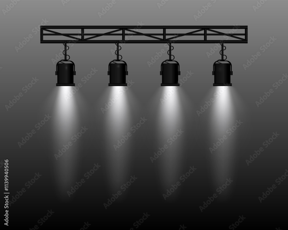 Spotlight set. Four stage lights white beams, hanging from a truss ...