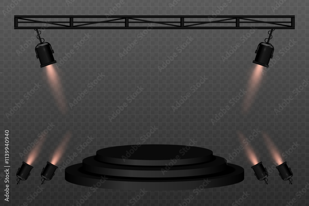 Stage lighting. Black stage platform with spotlights shining from above ...