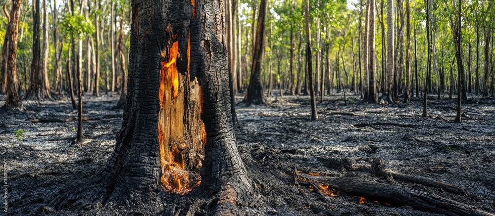 burnt tree within a forest highlighting environmental impact of ...