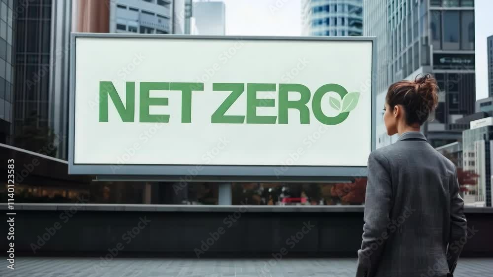 A woman stands in front of a large billboard that says Net Zero. ESG ...