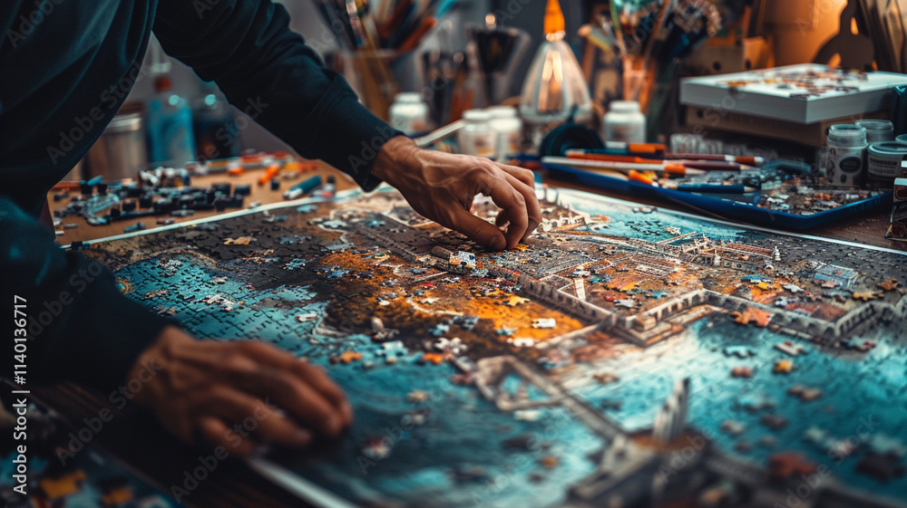 A puzzle builder works on a detailed D puzzle of a famous landmark ...