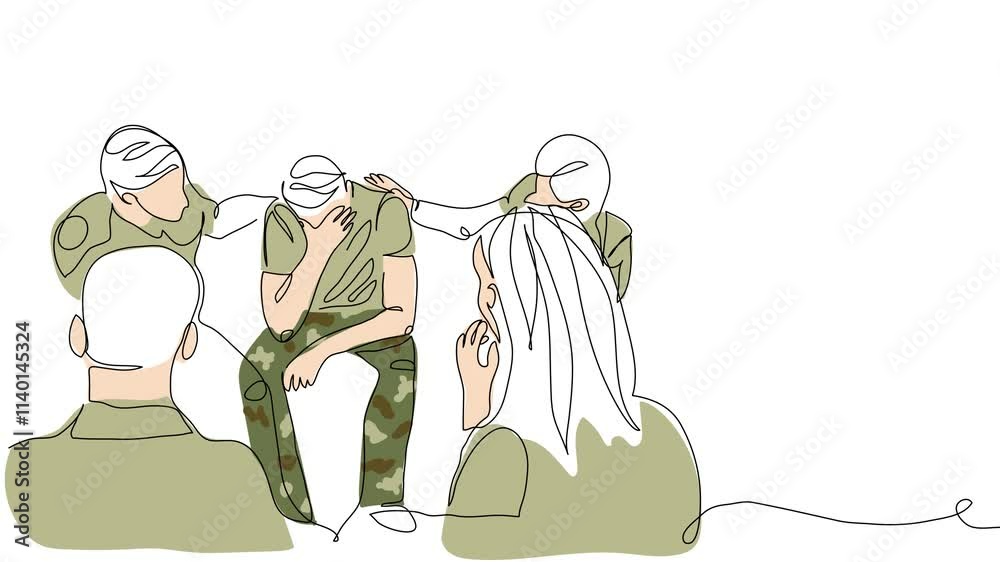 ptsd group session animated illustration. Veterans, soldiers with post ...