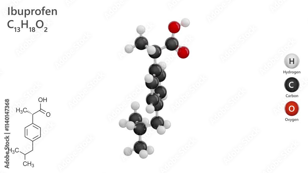 Ibuprofen (NSAID). Antipyretic, pain relief drug. Animated 3D model of ...