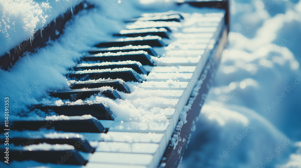 piano keyboard partially buried in snow, with keys exposed and ...
