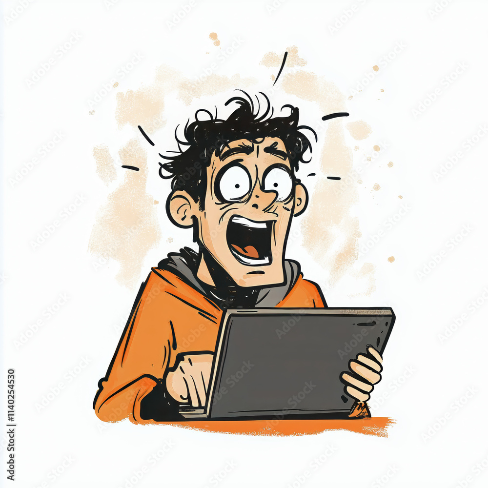 A humorous comic illustration of an angry internet user, frustrated and ...