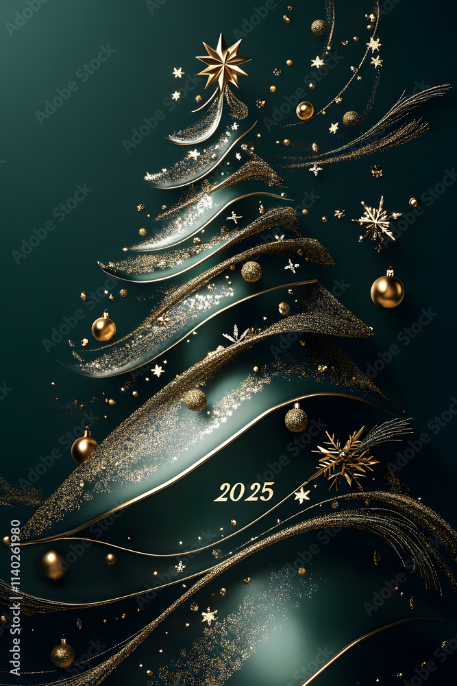 Elegant Gold and Green Christmas Tree Design for 2025 Celebration Stock ...