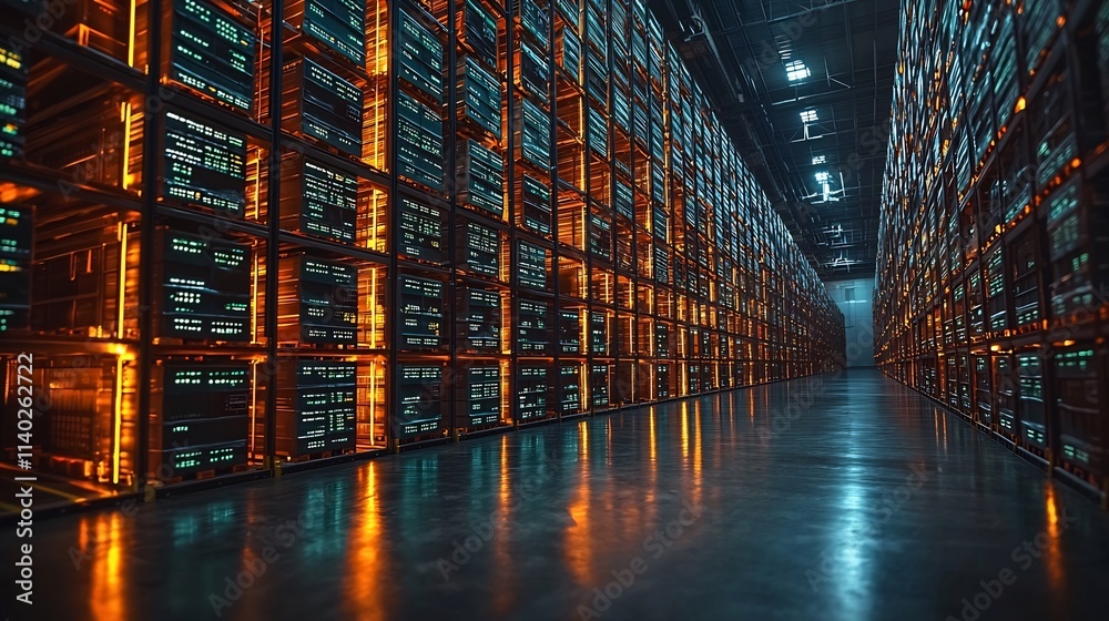 Glowing Digital Codes Adorn Stacked Shipping Containers in Vast ...