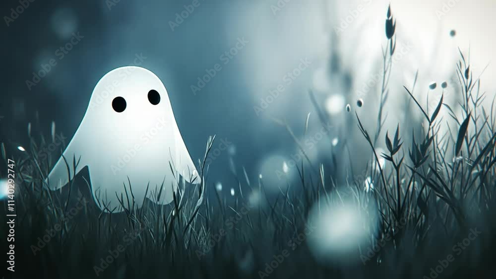 Glowing spirit figure wandering through moonlit grass under a starry ...