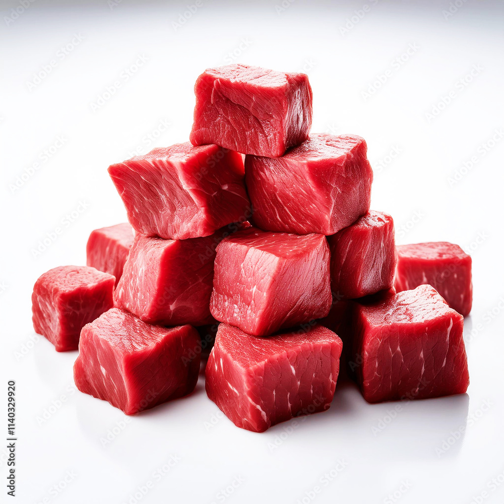 Small cubes of fresh beef arranged artfully, each piece showing a ...