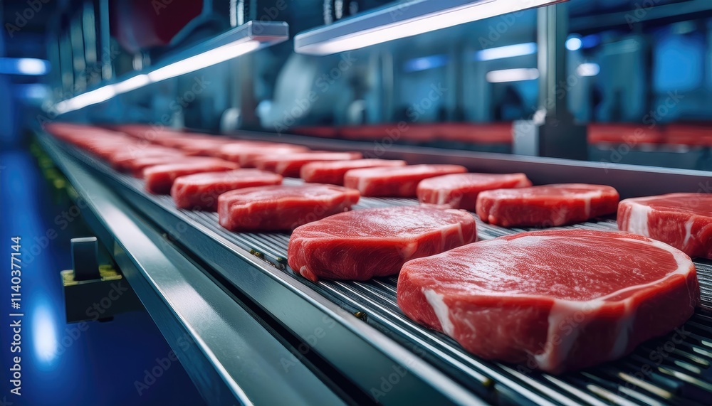 An orderly array of raw red steaks lines a conveyor in a cool ...