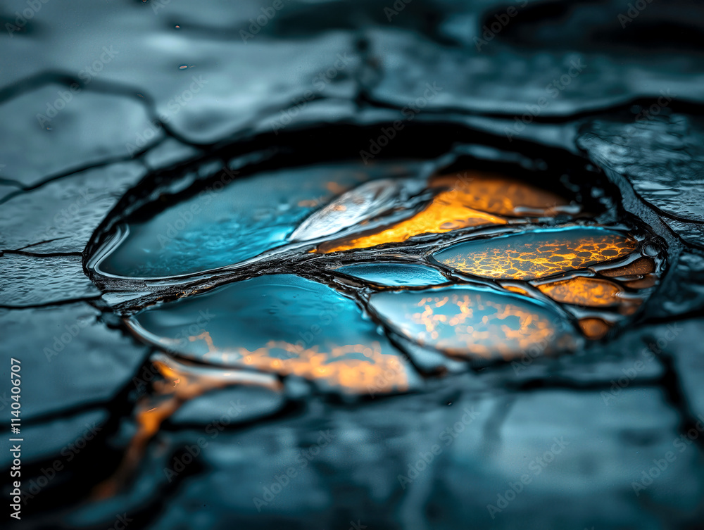 A vibrant puddle reflects warm hues of orange and cool blue against a ...