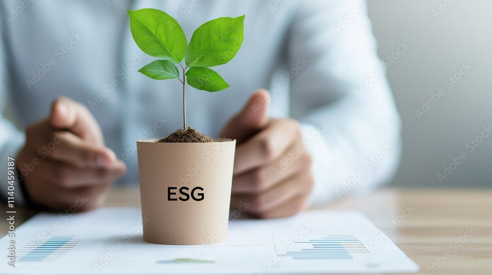 ESG concept. A plant in a pot labeled ESG symbolizes sustainability and growth in a business ...
