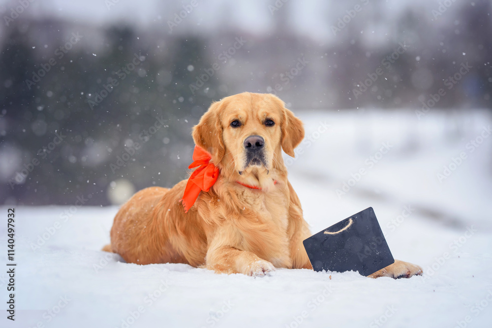 Golden retriever labrador dog in winter in snow with red bow with board ...