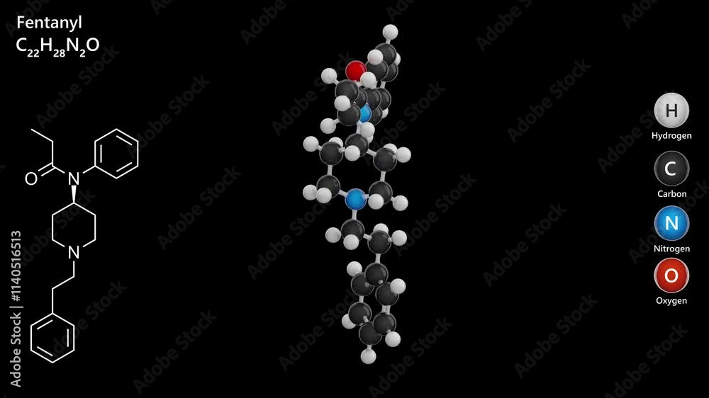 Fentanyl. Drug. Opioid analgesic. Animated 3D model of a molecule ...