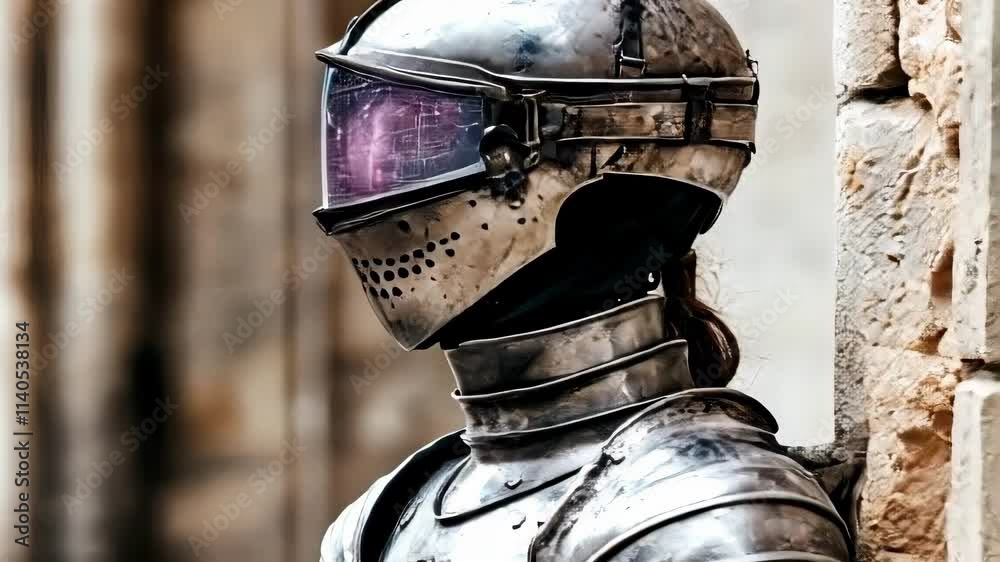 A striking portrayal of a futuristic knight in metallic cyber armor ...