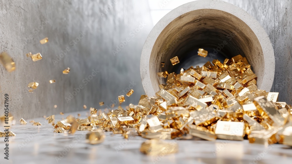 Gold value index concept. Gold bars spilling from a concrete pipe onto ...