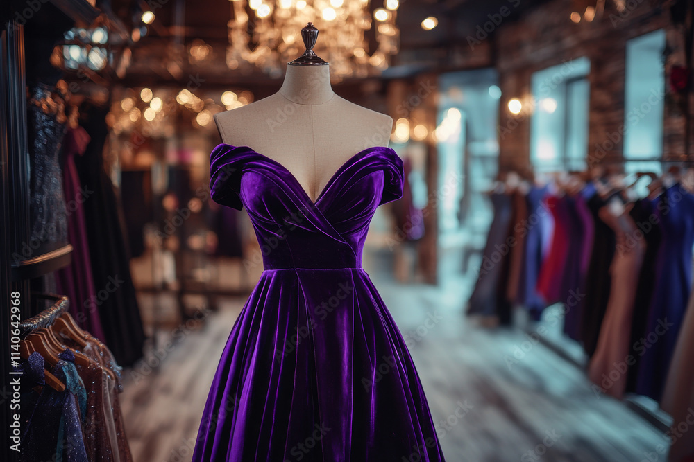 Elegant purple velvet evening gown on mannequin in boutique with ...
