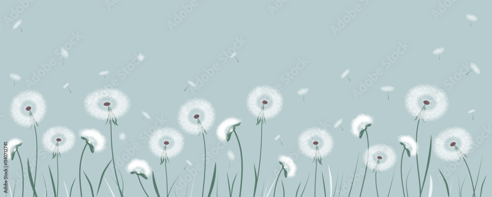 Beautiful dandelions with flying seeds. Vector illustration of blooming ...