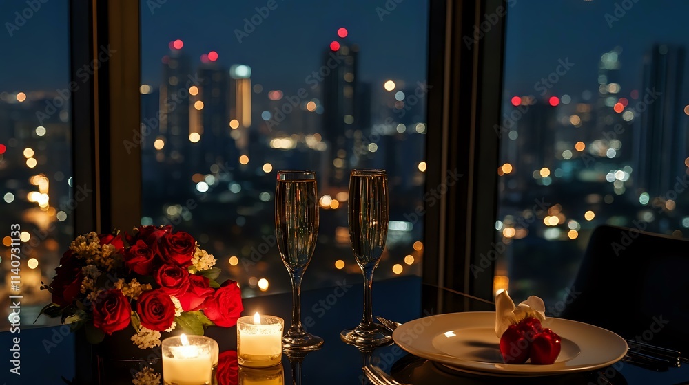 Valentine celebration in a high-rise flat with a view of city lights ...