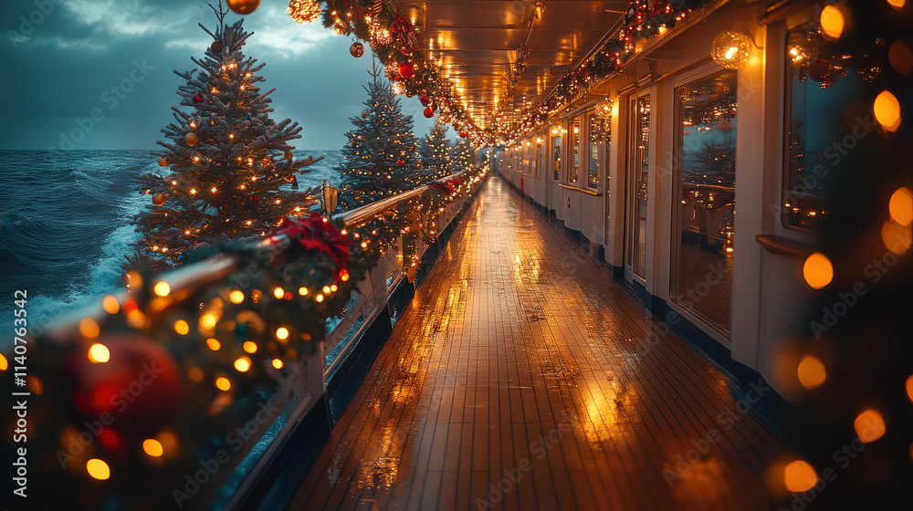 Christmas cruise on a decorated cruise ship. Christmas trees on the deck of a ship. Stock ...