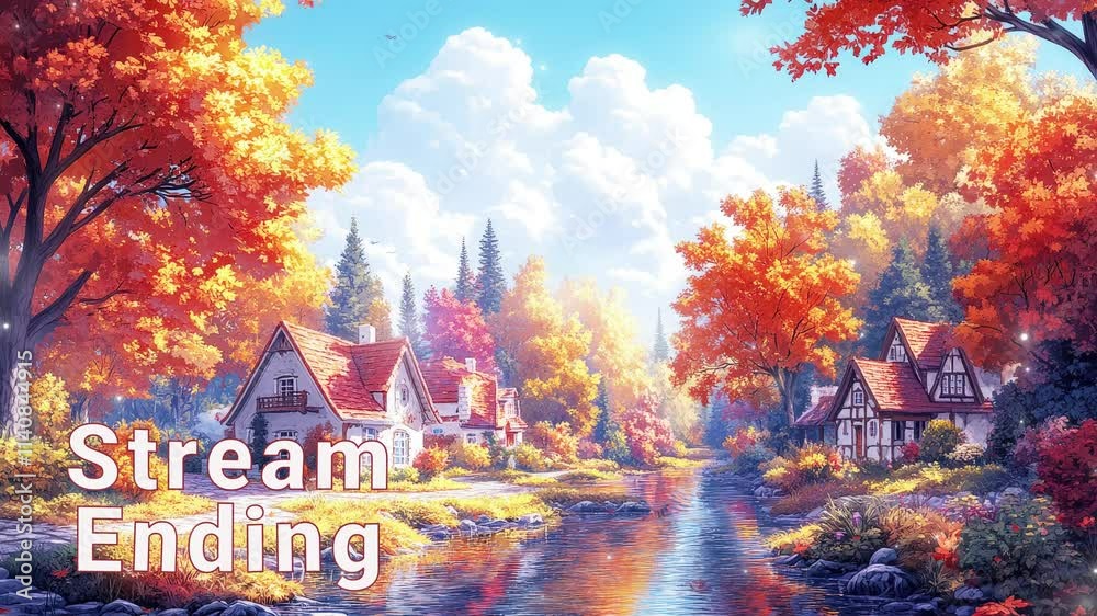 Autumn colors brighten cozy cottages by a calm river. stream ending ...