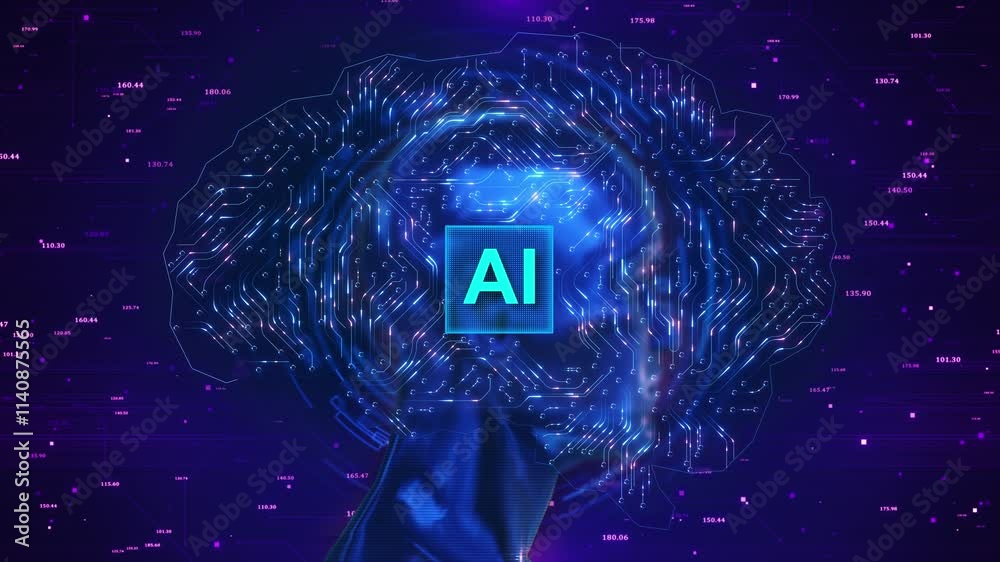 Artificial intelligence human brain animation. Futuristic circuit board ...