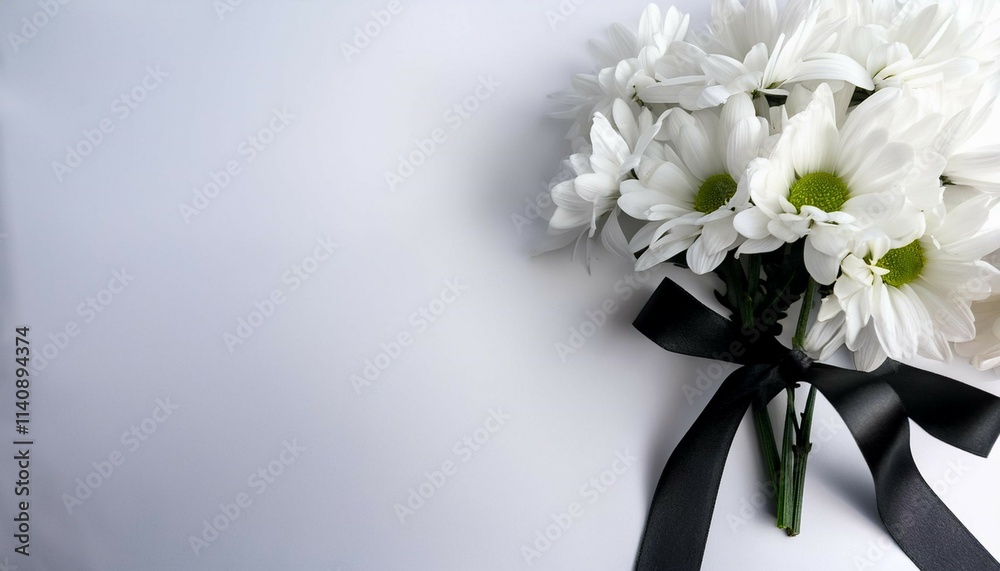 white chrysanthemums or daisies with black ribbon on white background ...