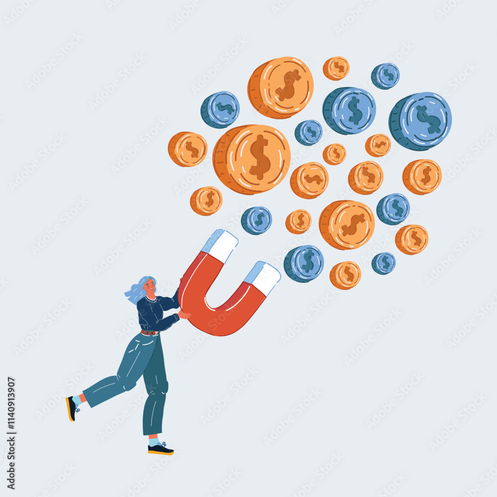 Cartoon vector illustration of businesswoman catch all the money with ...