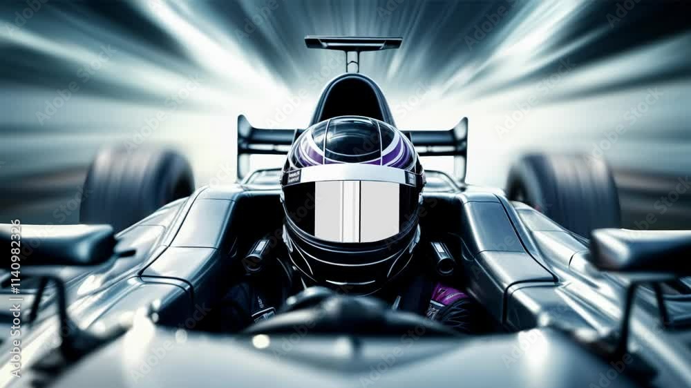 Front view of the cockpit of a Formula One silver grey racing at high ...