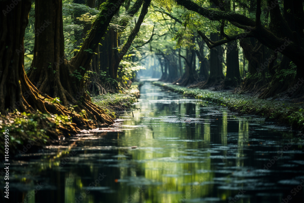 movement of cypress trees and murky swamp, a symphony of land and water ...