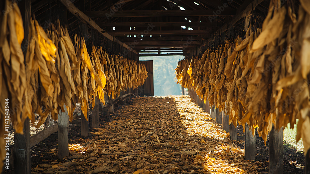 Curing tobacco leaves hanging in a barn, cigar tobacco leaves drying in ...