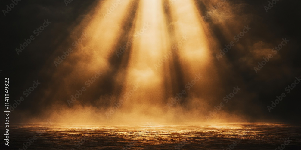 Golden spotlight beams illuminating a dark, smoky stage, creating a ...