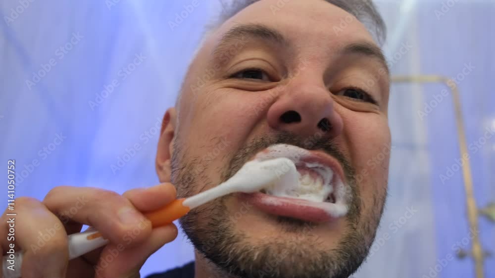 Close-up of a man brushing his teeth, focused on the mouth with white ...