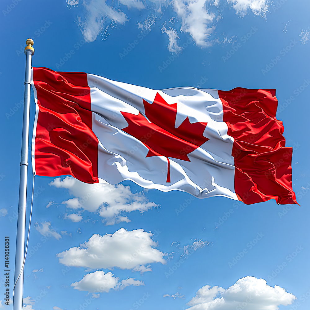 Large red and white Canadian flag is flying in the sky. The flag is ...