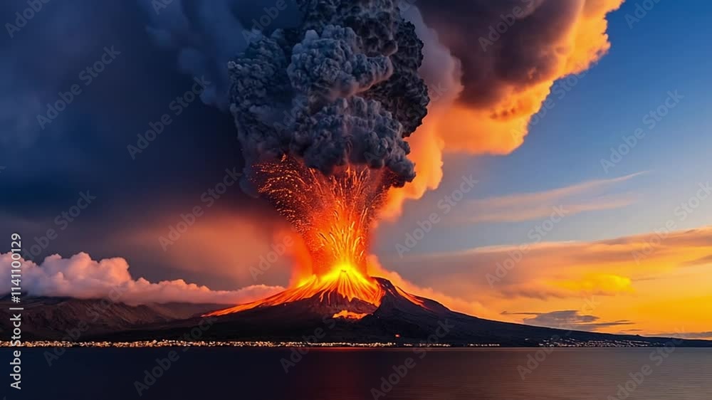 Spectacular landscape animation with an erupting volcano, spectacular ...