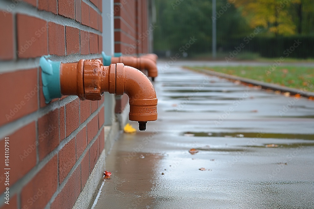Water supply plumbing fitting on a brick wall beside a wet sidewalk ...