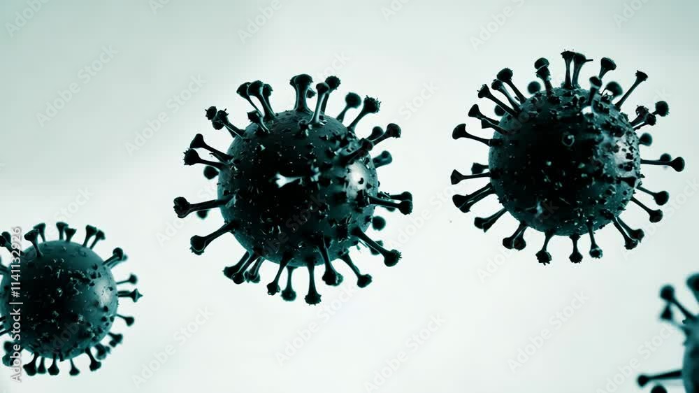 Virus animation, microscopic view of floating influenza virus cells ...