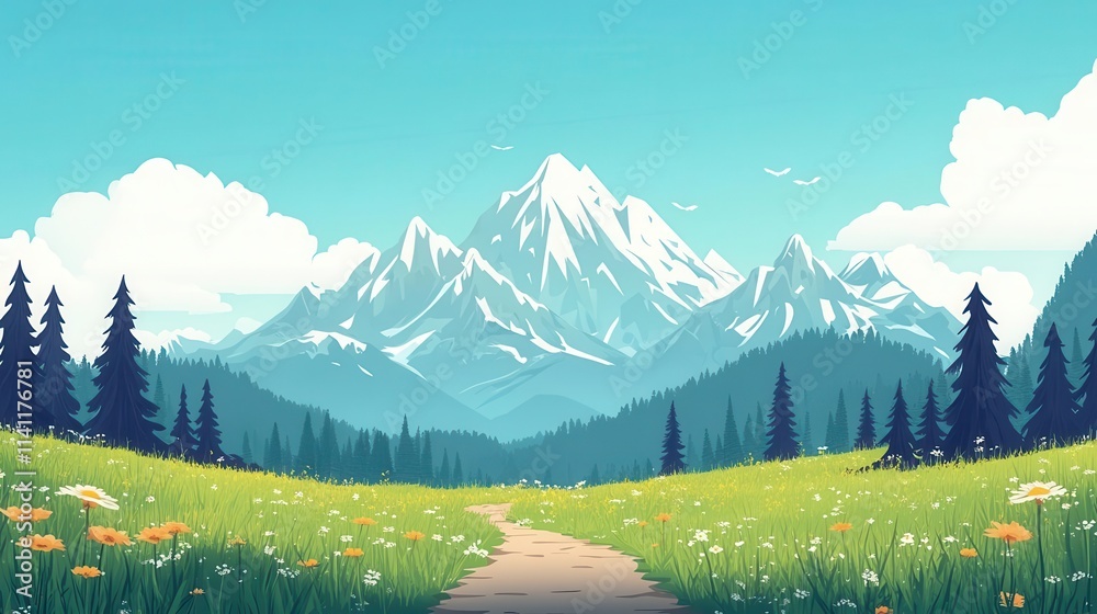 Triadic color scheme landscape with mountains and trail, clean flat ...