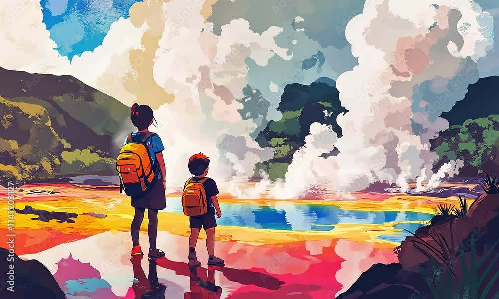 Two Children Observing Colorful Landscape with Steam Emanating from Hot ...
