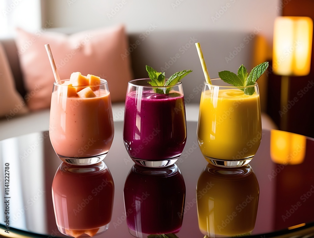 Three vibrant smoothies in glasses, featuring different colors and ...