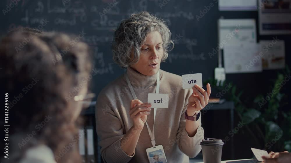 Middle-aged female teacher with curly gray hair holding flashcards and ...
