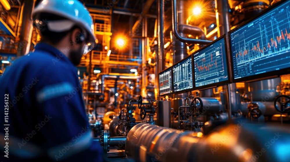 A vibrant refinery control room showing flow rates and pressure charts ...