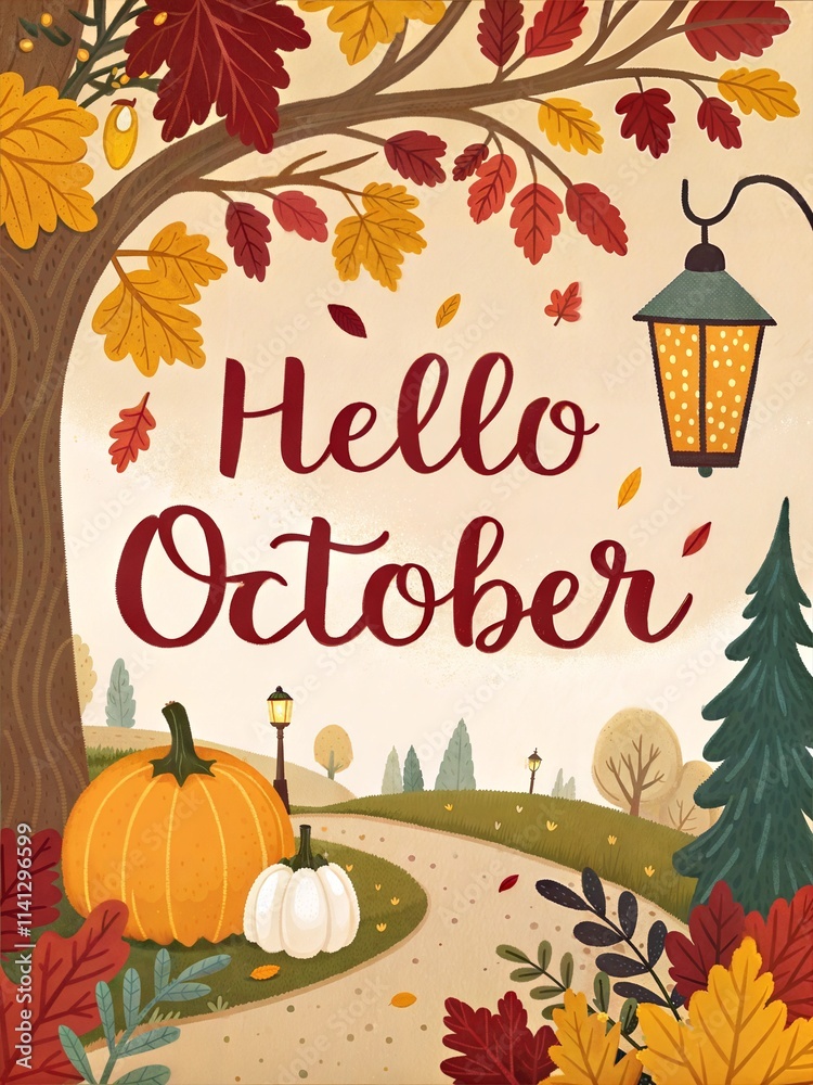 Hello October, welcome October typography. Cozy illustration for ...