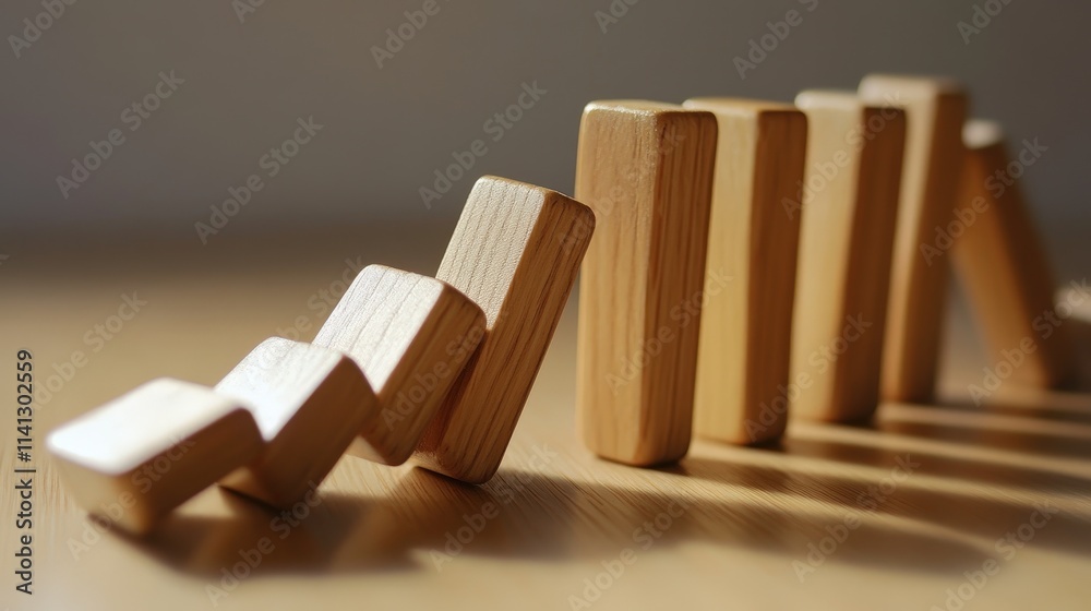 Wooden blocks falling sequentially on a light-colored table ...