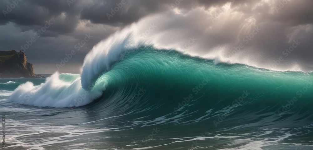Stormy sea with massive wave about to crash on the shore, rocky ...