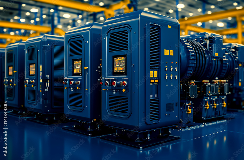 A row of blue and yellow industrial machines. The blue machines are all ...
