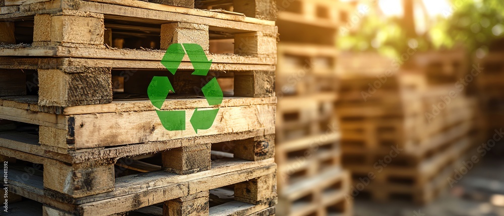 Stack of wooden pallets with ecofriendly green recycling symbols ...
