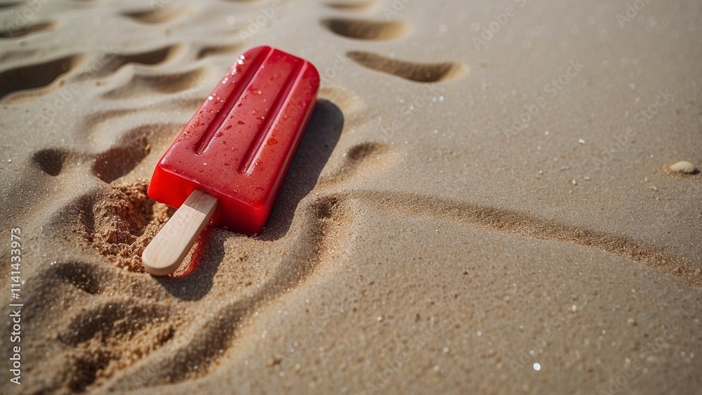 red ice popsicle dropped on beach sand melting in summer heat Stock ...